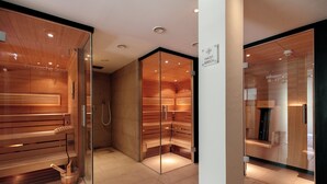 Uma sauna com bancos de madeira e porta de vidro, área de chuveiro e placa indicando a faixa de temperatura.