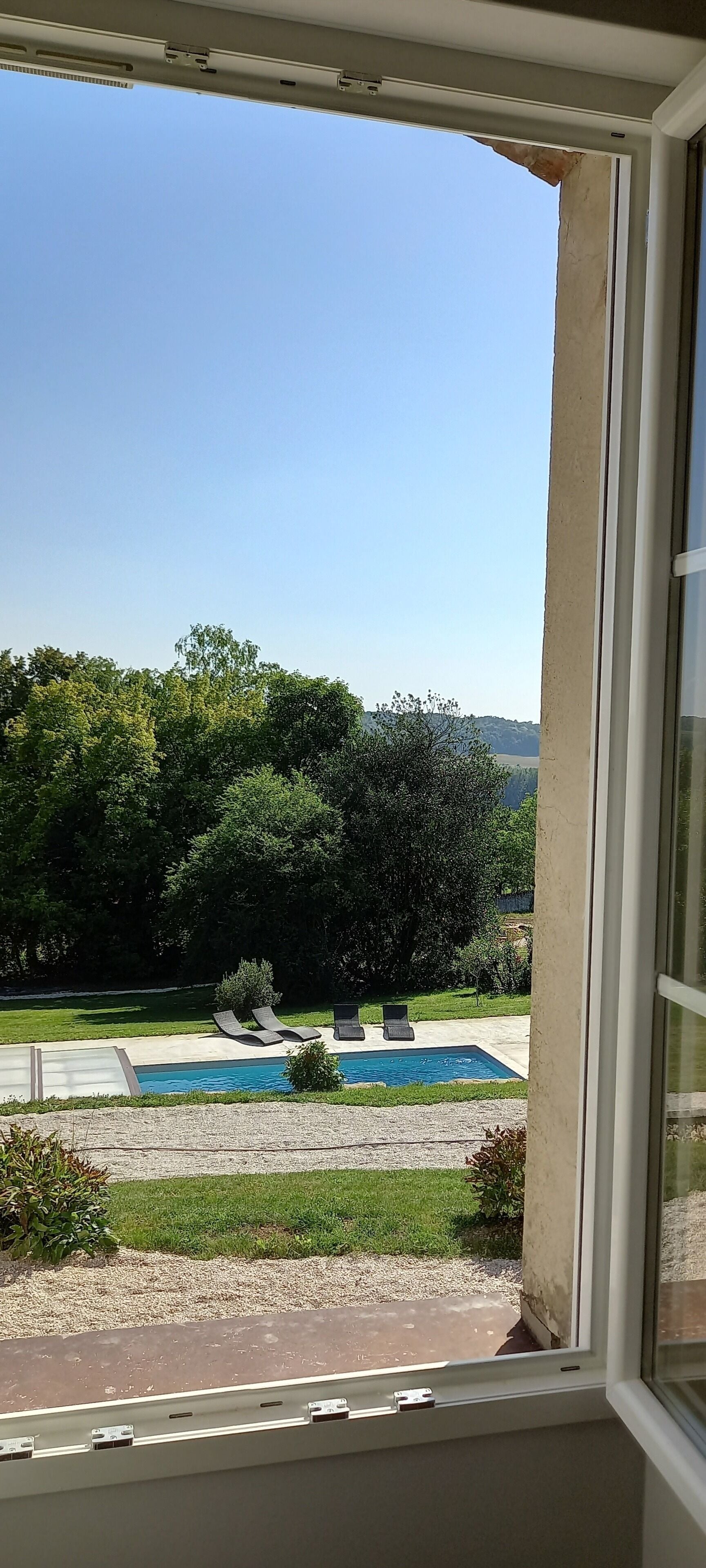 Vista de uma piscina com espreguiçadeiras, rodeada por vegetação e árvores, vista da janela.