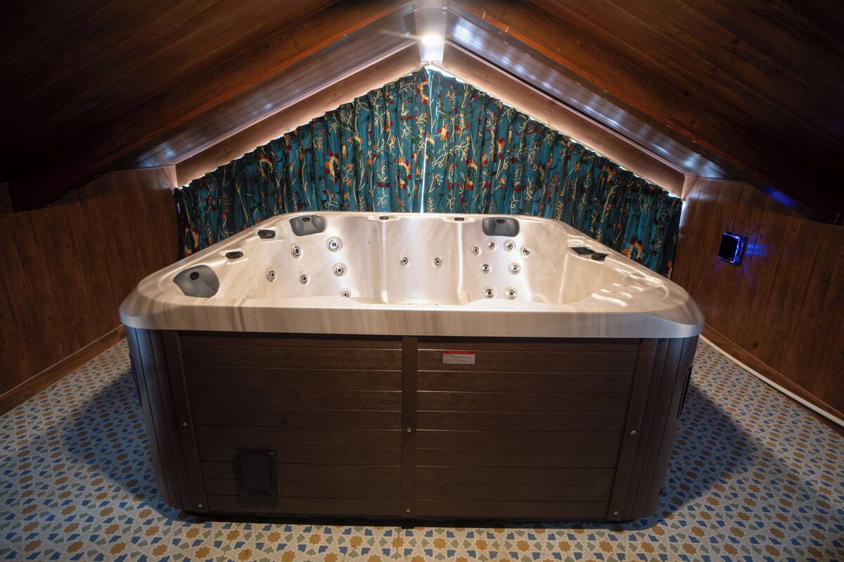 Uma banheira de hidromassagem em um quarto com paredes de madeira e carpete estampado.