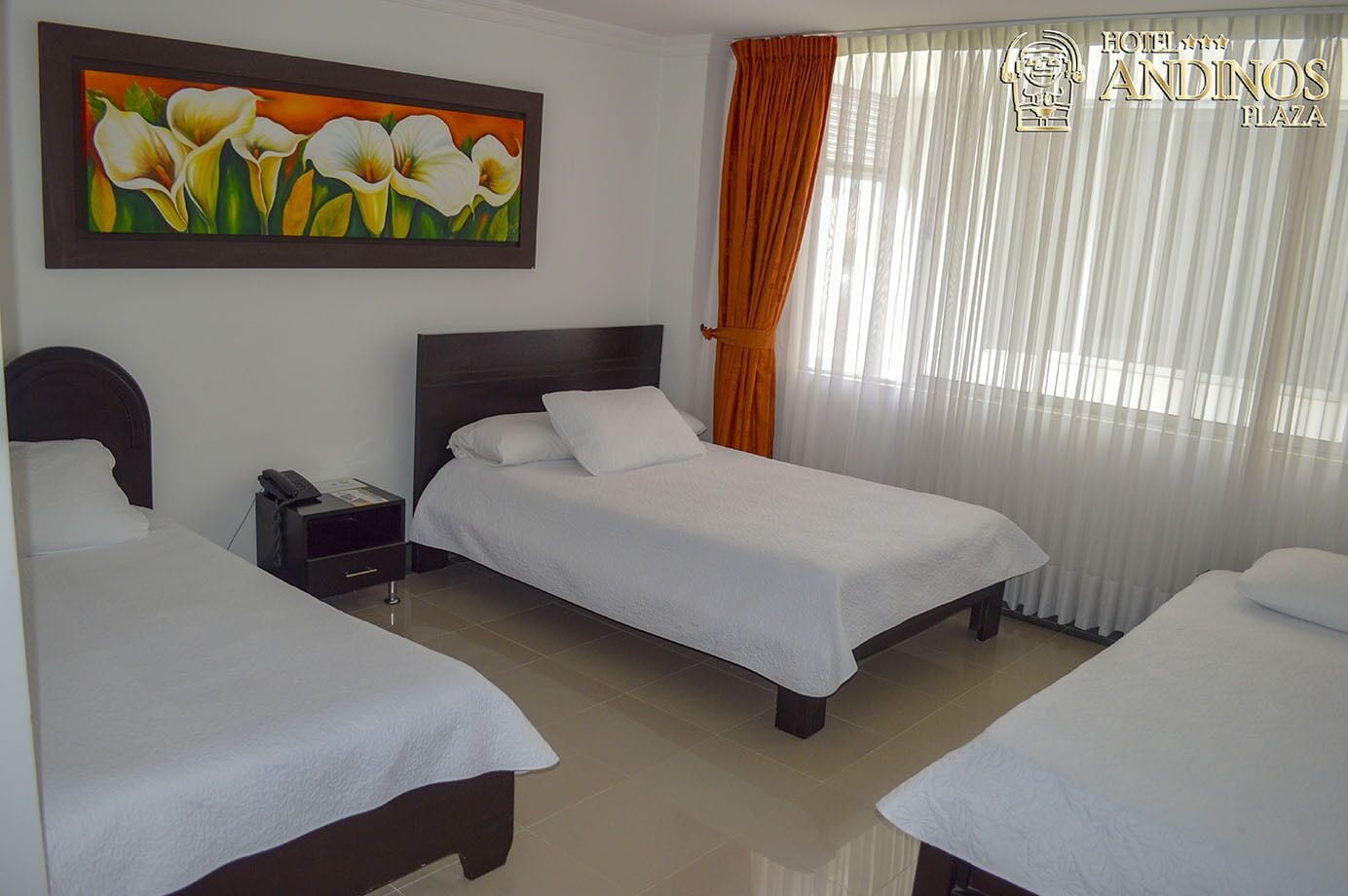 Quarto de hotel com duas camas de solteiro, mesa de cabeceira com telefone, pintura de flores e janela com cortinas translúcidas.