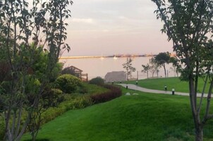 Um parque com área gramada, árvores e um caminho que leva a um corpo d'água.