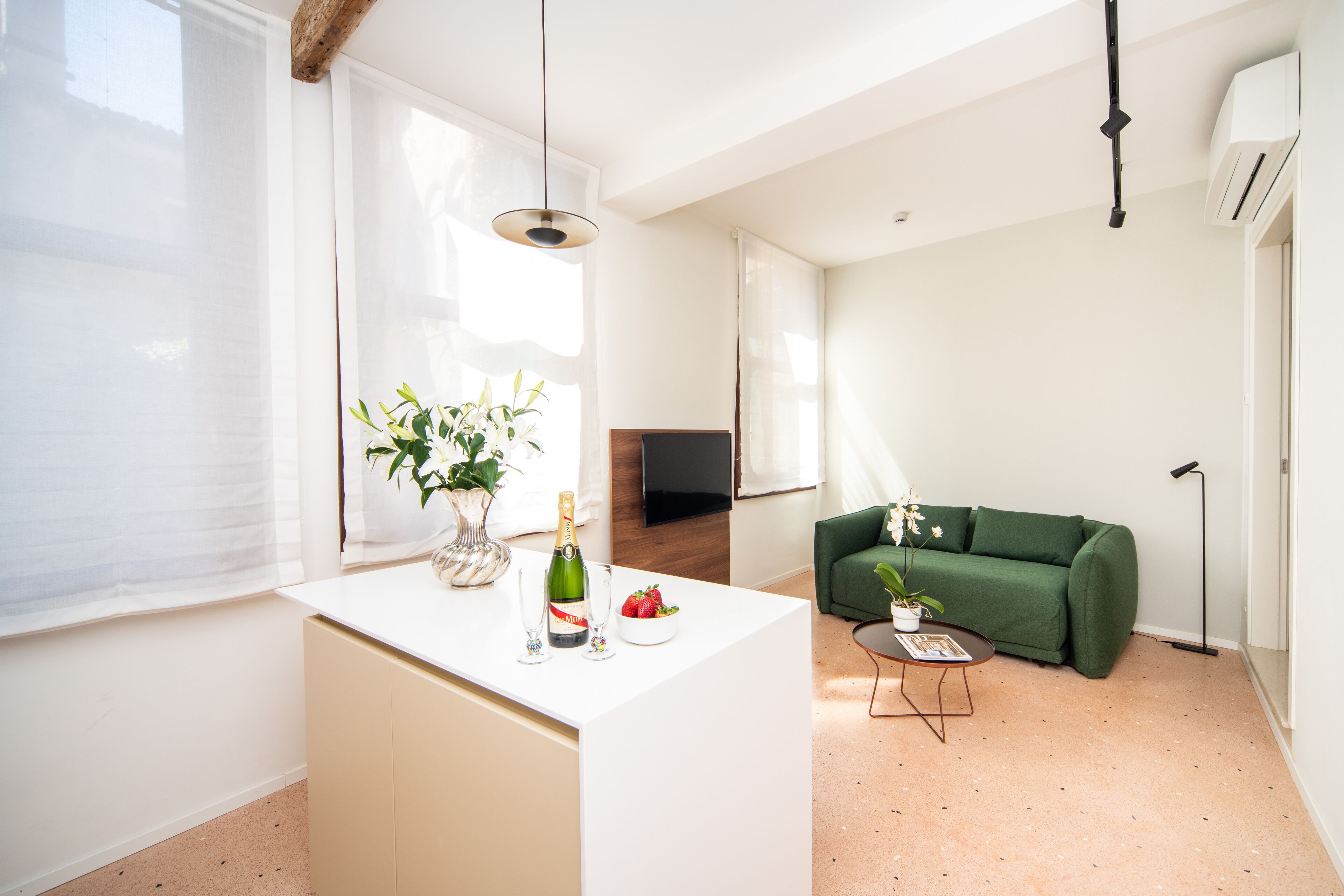 Uma sala de estar moderna com um sofá branco, um sofá verde, uma pequena mesa de centro e uma televisão. Há uma janela com cortinas leves e uma planta no parapeito.