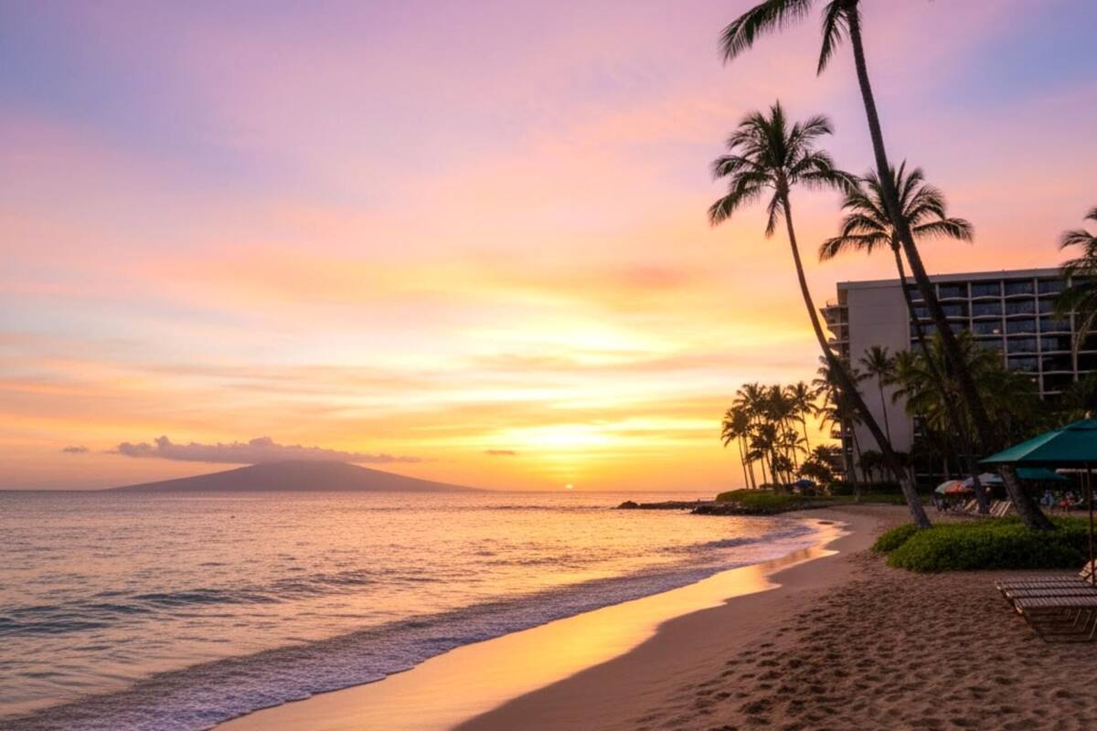 Uma praia com palmeiras e um edifício com telhado plano.