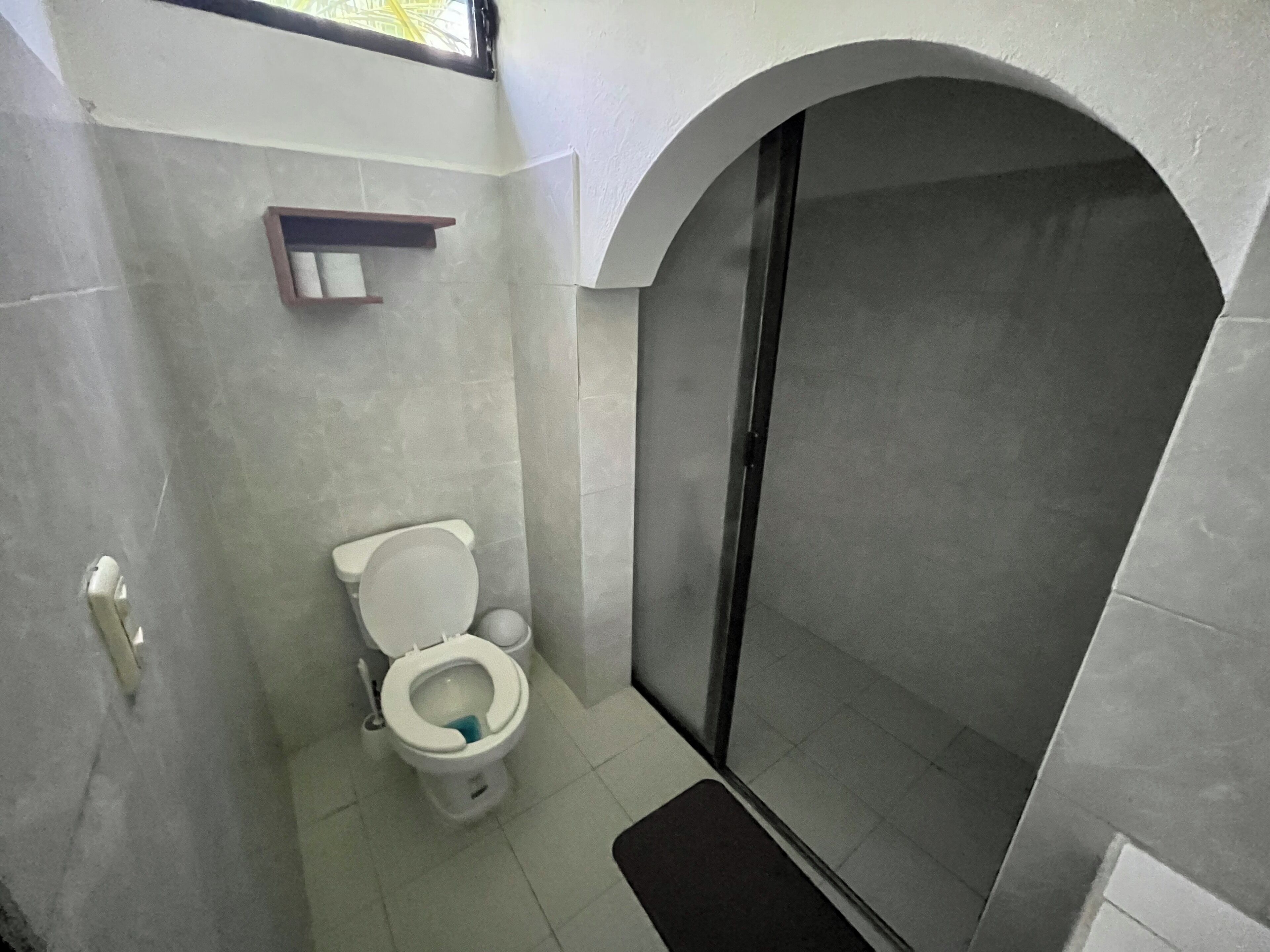 Casa de banho com sanita, cabine de duche e uma pequena estante sobre a sanita.