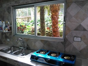 Cabana clássica | Cozinha privada | Geladeira, talheres/pratos/utensílios de cozinha, produtos de limpeza