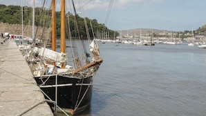 Um grande navio a vela atracado em um porto, com vários barcos menores ao fundo.