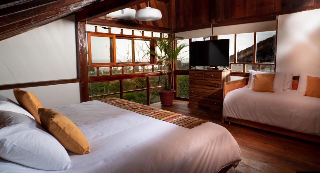 Edredons de pluma, frigobar, cofres nos quartos, cortinas blackout