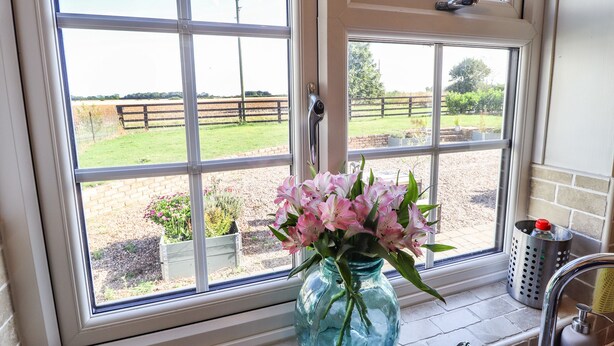 Uma janela da cozinha com vista para uma área externa cercada, um vaso com flores e um recipiente de metal no parapeito.