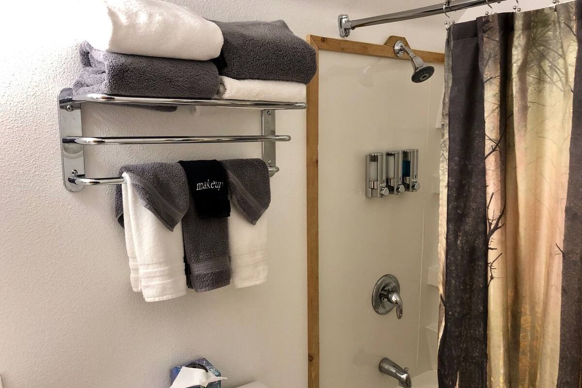 Casa de banho com chuveiro, um porta-toalhas com toalhas, uma caixa de lenços e uma cortina de chuveiro.