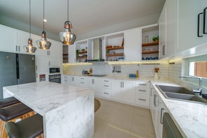 Villa Superior | Cozinha privada | Um frigorífico, um micro-ondas, uma placa de cozinha, liquidificador