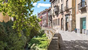 Rua de paralelepípedos ladeada por edifícios históricos, um pequeno canal e vegetação exuberante.