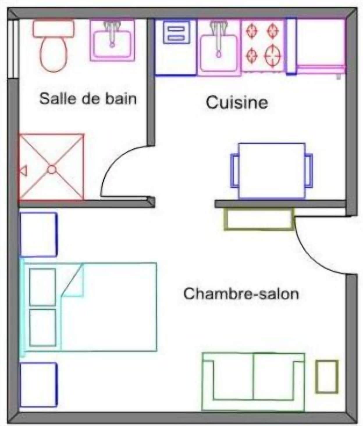 Planta baixa com banheiro, cozinha e sala de estar.