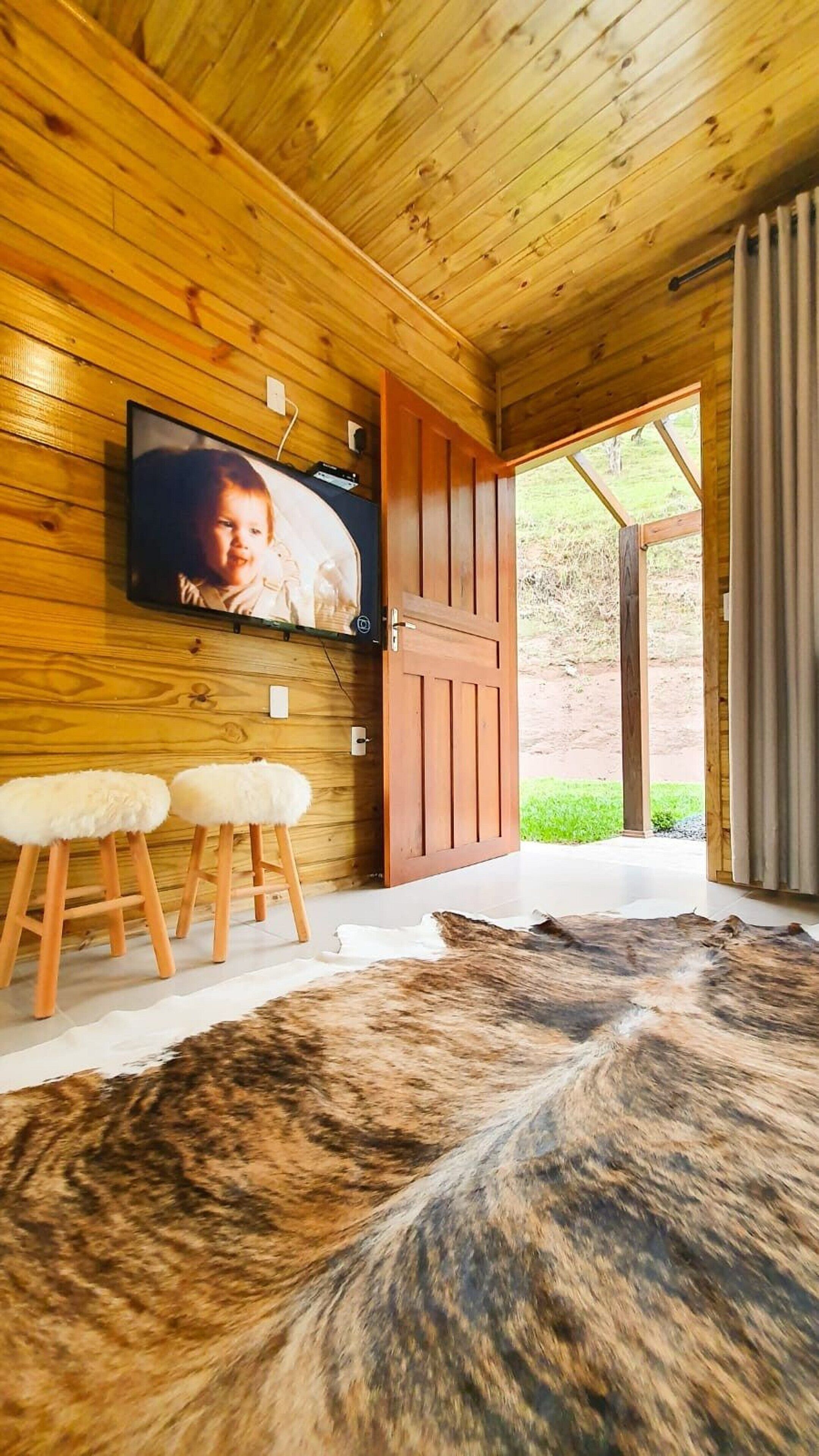 Interior em madeira com televisão fixada na parede, porta de madeira e um tapete de pele grande no chão.