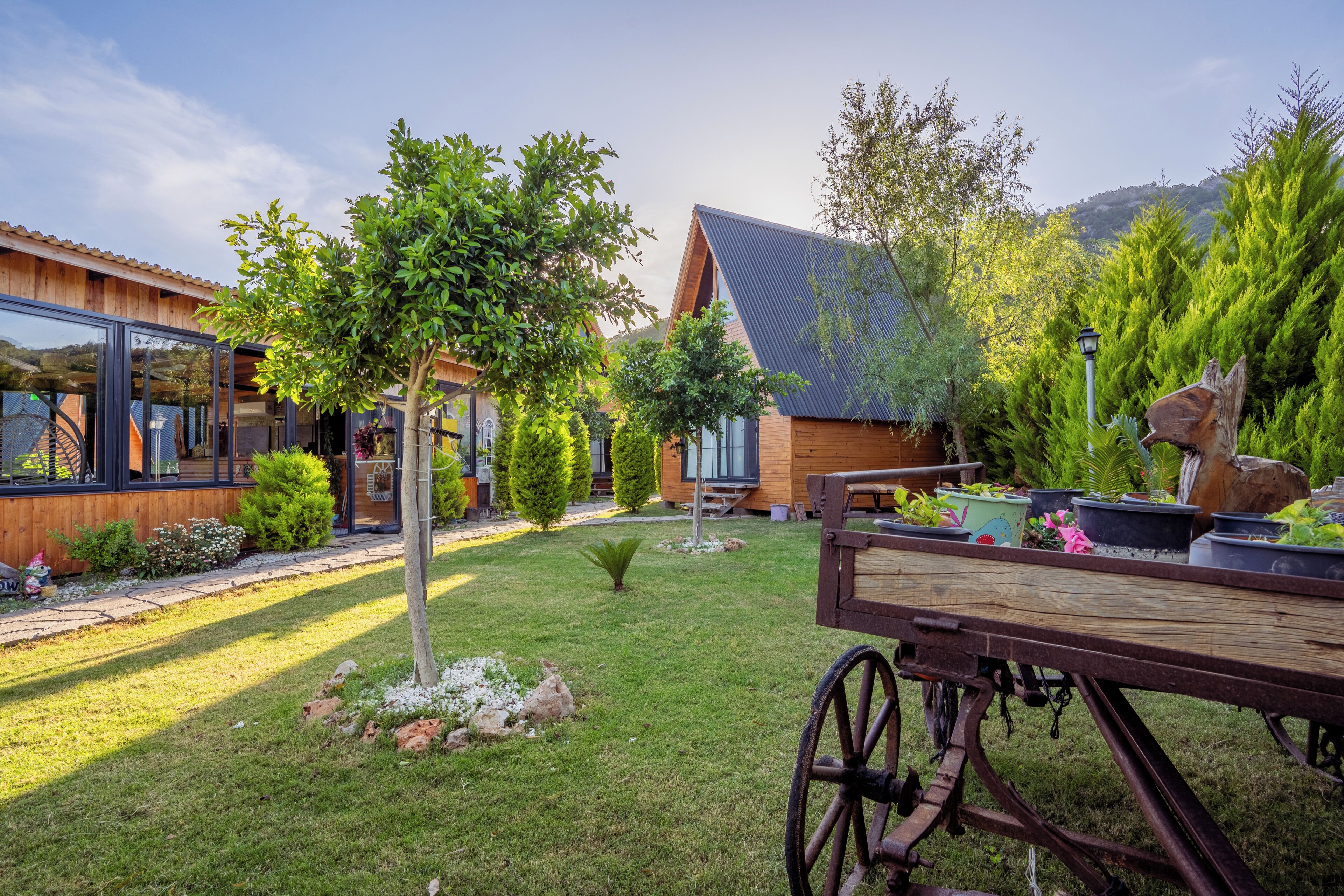 Uma casa moderna com uma grande janela de vidro, um deck de madeira e um jardim com diversas plantas e um carrinho de madeira.