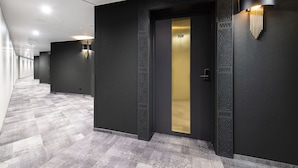 Corredor moderno com paredes escuras, molduras de porta estampadas e um elevador com o número 319.