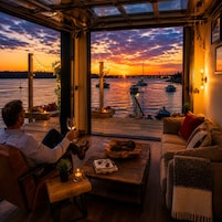 Quarto com vista para a água ao pôr do sol, mesa de madeira com uma tigela, um copo de vinho e um sofá.