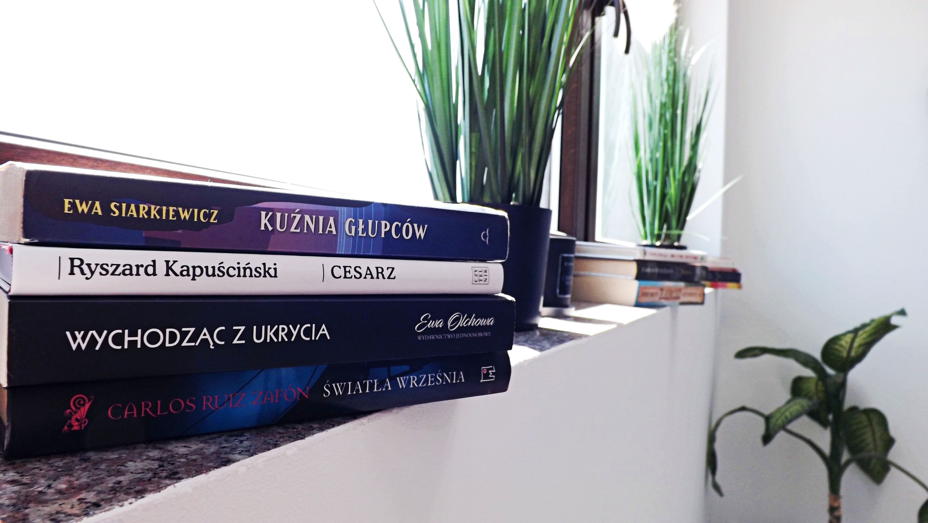 Uma pilha de livros numa estante.