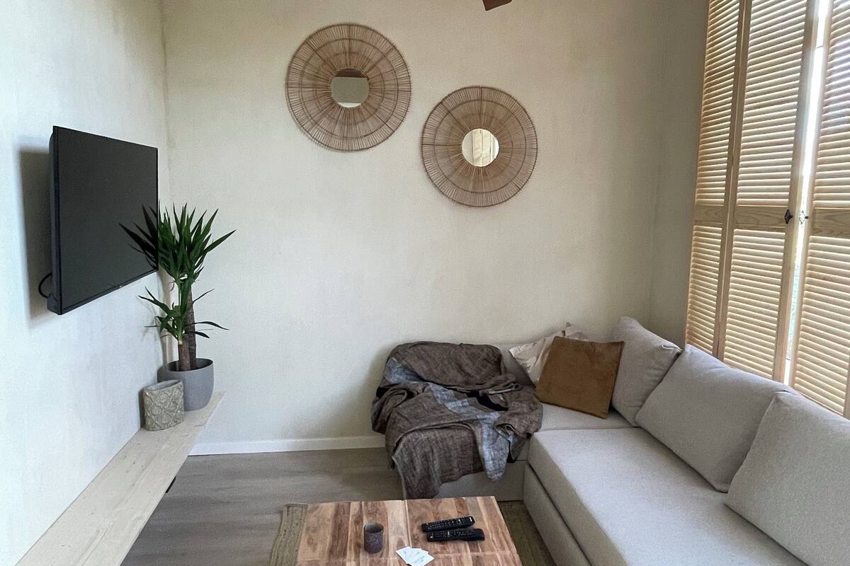 Uma sala de estar moderna com ventilador de teto, dois espelhos fixados na parede, uma mesa de centro de madeira, um sofá e um vaso com planta.