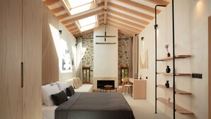 Quarto moderno com cama grande, lareira, escrivaninha e estantes embutidas.