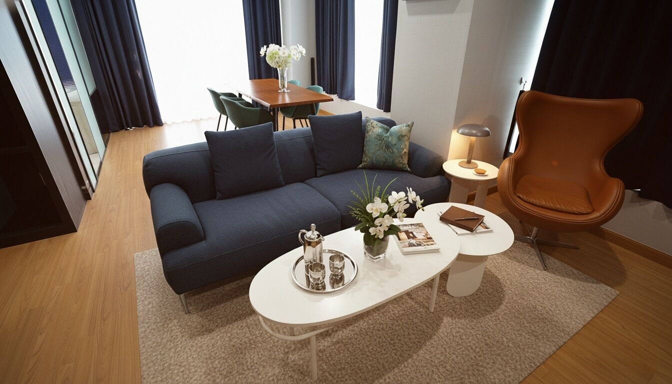 Uma sala de estar moderna com um sofá azul escuro, uma mesa de centro branca com uma bandeja, uma poltrona de couro marrom e uma pequena mesa lateral com uma luminária.