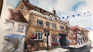 Pintura em aquarela de uma cena urbana com um edifício com várias janelas e um letreiro.