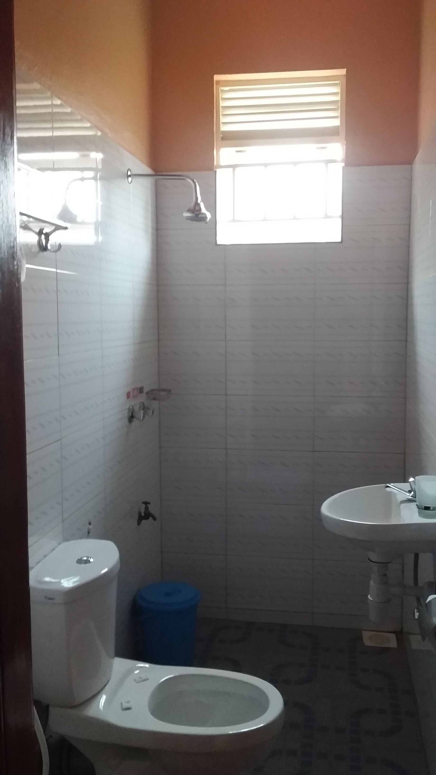 Uma casa de banho pequena com sanita, lavatório e chuveiro.