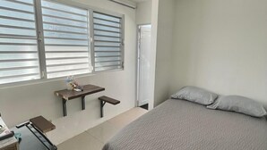 Suíte estúdio, 1 cama de casal, varanda, vista para a cidade | 1 quarto, ferros/tábuas de passar roupa, Wi-Fi de cortesia