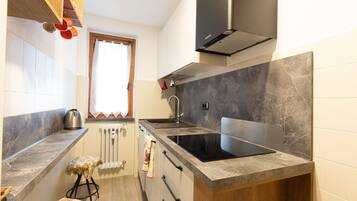 Apartamento | Cozinha privada | Um frigorífico, uma placa de cozinha, utensílios de cozinha