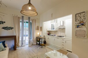 Apartamento, 1 cama de casal e sofá-cama, terraço | Cozinha privada | Máquina de café expresso, geladeira, micro-ondas, cooktop