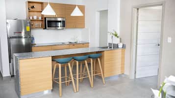 Um frigorífico/congelador grande, um micro-ondas, uma placa de cozinha