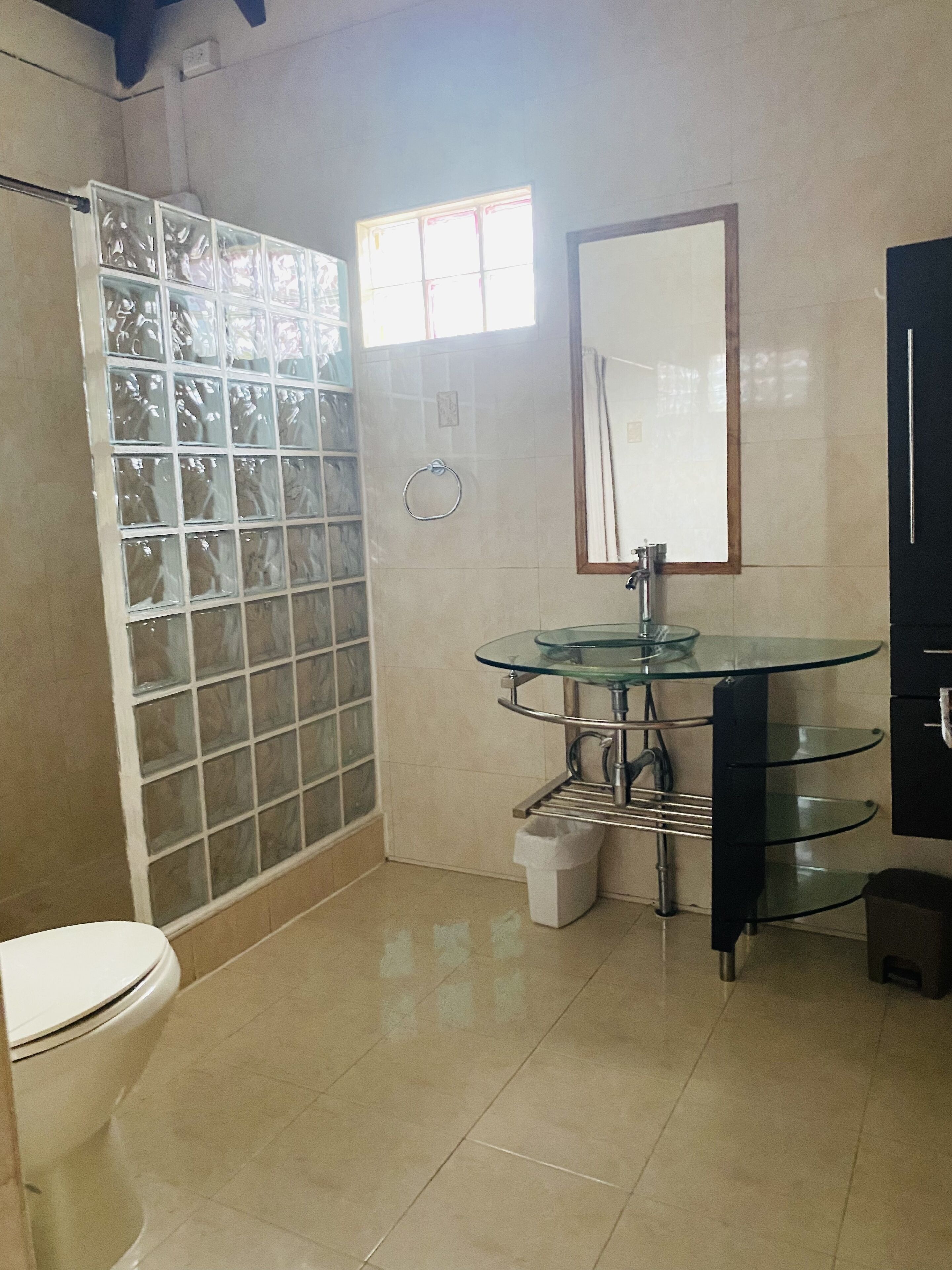 Casa de banho com cabine de duche em vidro, lavatório de vidro com espelho, sanita e armário preto.