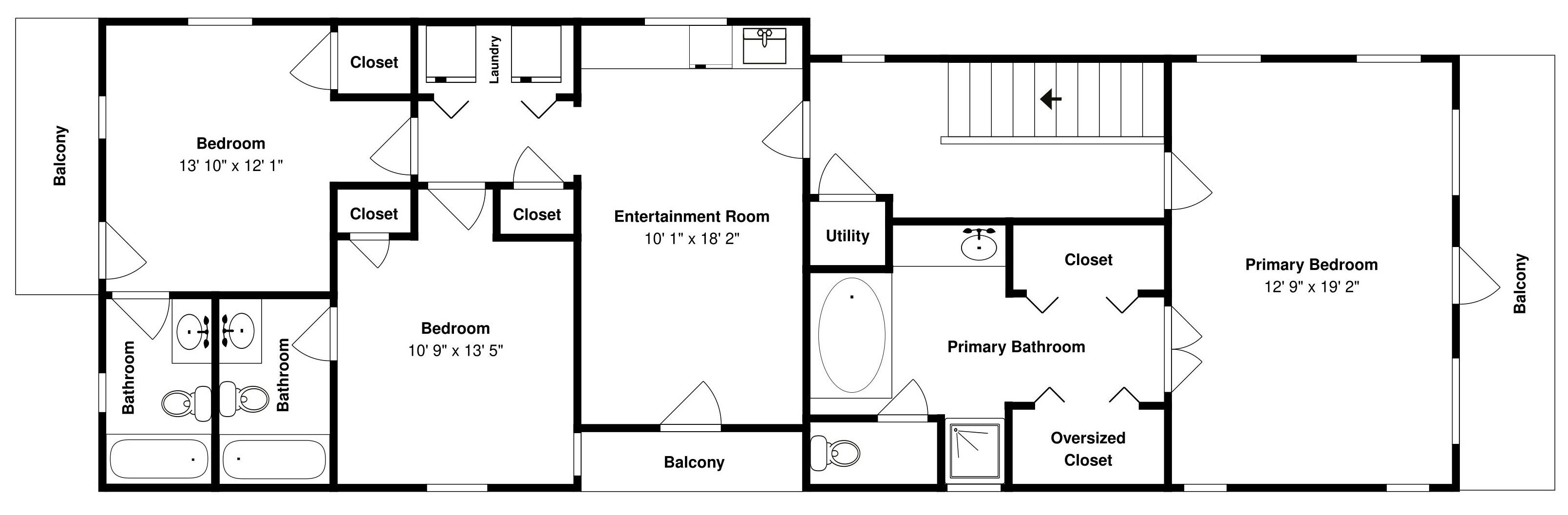 Planta baixa mostrando um quarto, duas casas de banho, uma sala de entretenimento, área de serviços e um closet espaçoso.