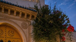 Um edifício com portas amareladas e detalhes ornamentais, e um jardim com vasos de plantas e trepadeiras floridas.