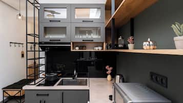 Apartamento Exclusivo | Cozinha privada | Um frigorífico, uma placa de cozinha, uma chaleira elétrica