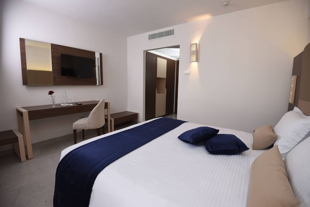 Quarto de hotel com uma cama, uma escrivaninha, uma cadeira, uma televisão e um espelho.