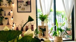 Um quarto com uma janela grande, vários vasos de plantas e um aplique na parede.