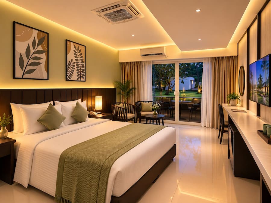 Quarto de hotel moderno com uma cama grande, uma escrivaninha, uma televisão e varanda com vista para o exterior.