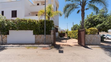 Um edifício moderno branco com base de pedra, cercado por vegetação e palmeiras.