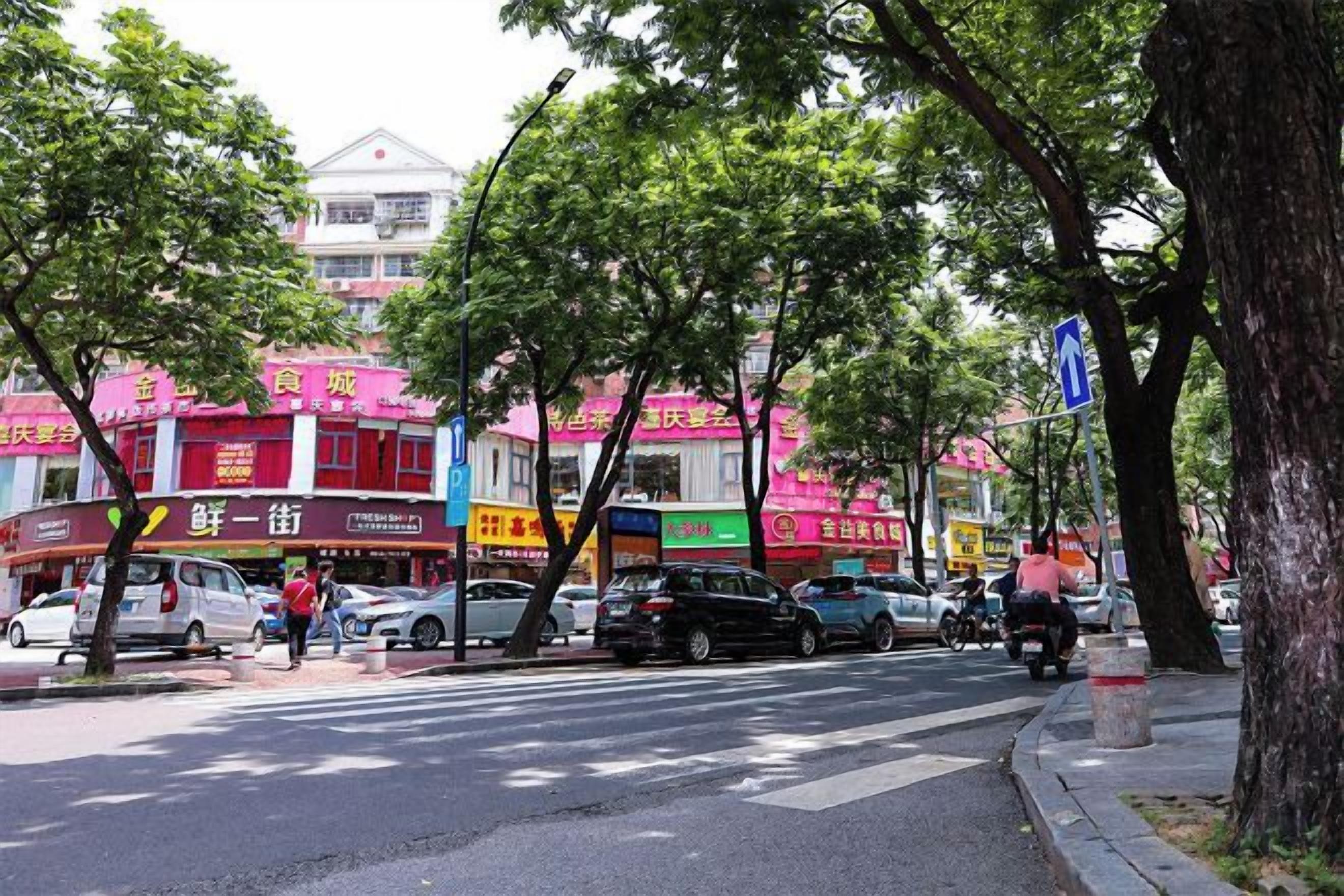 Rua com carros estacionados, árvores e edifícios com placas.