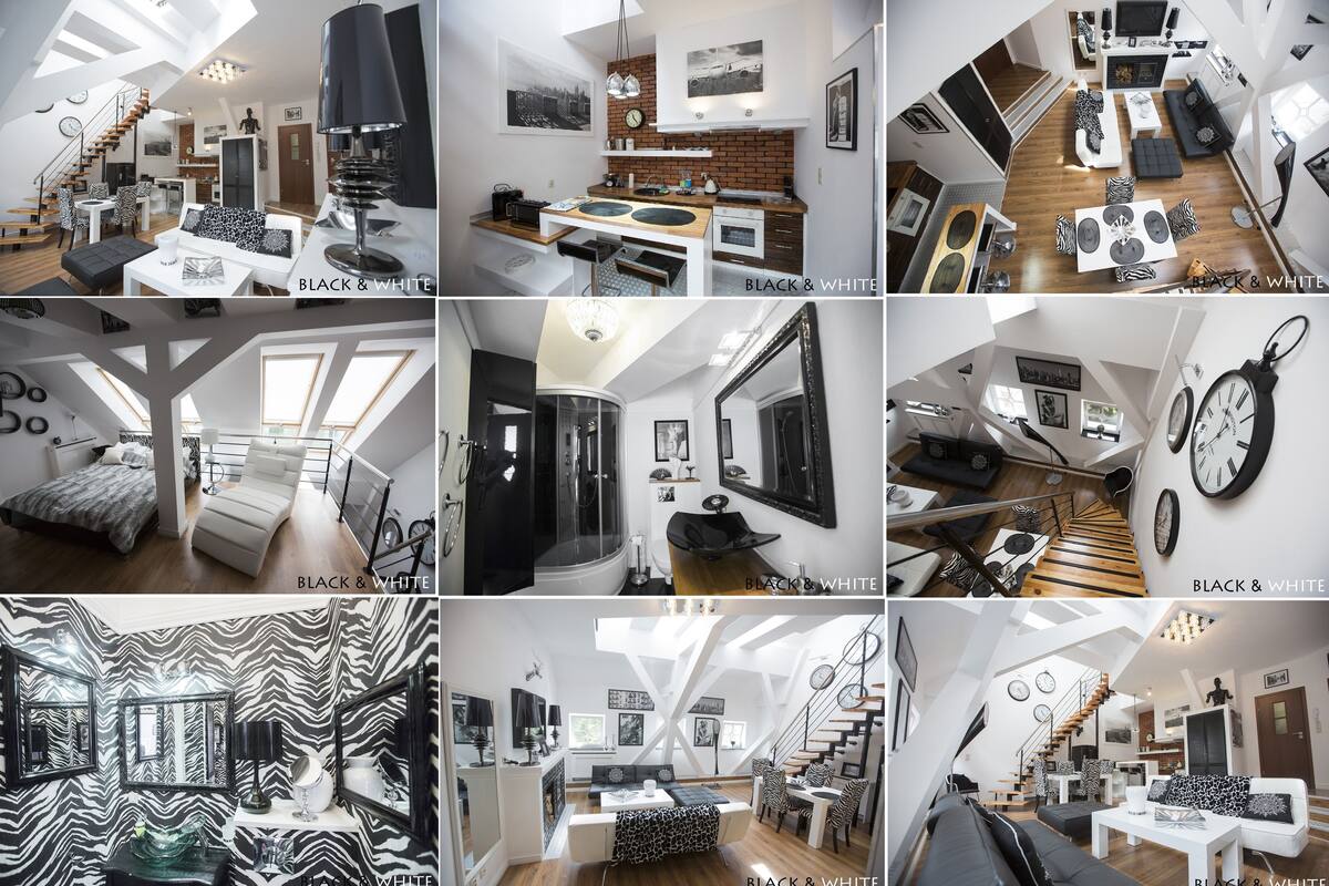 Um apartamento moderno com cozinha, sala de jantar, sala de estar e quarto.