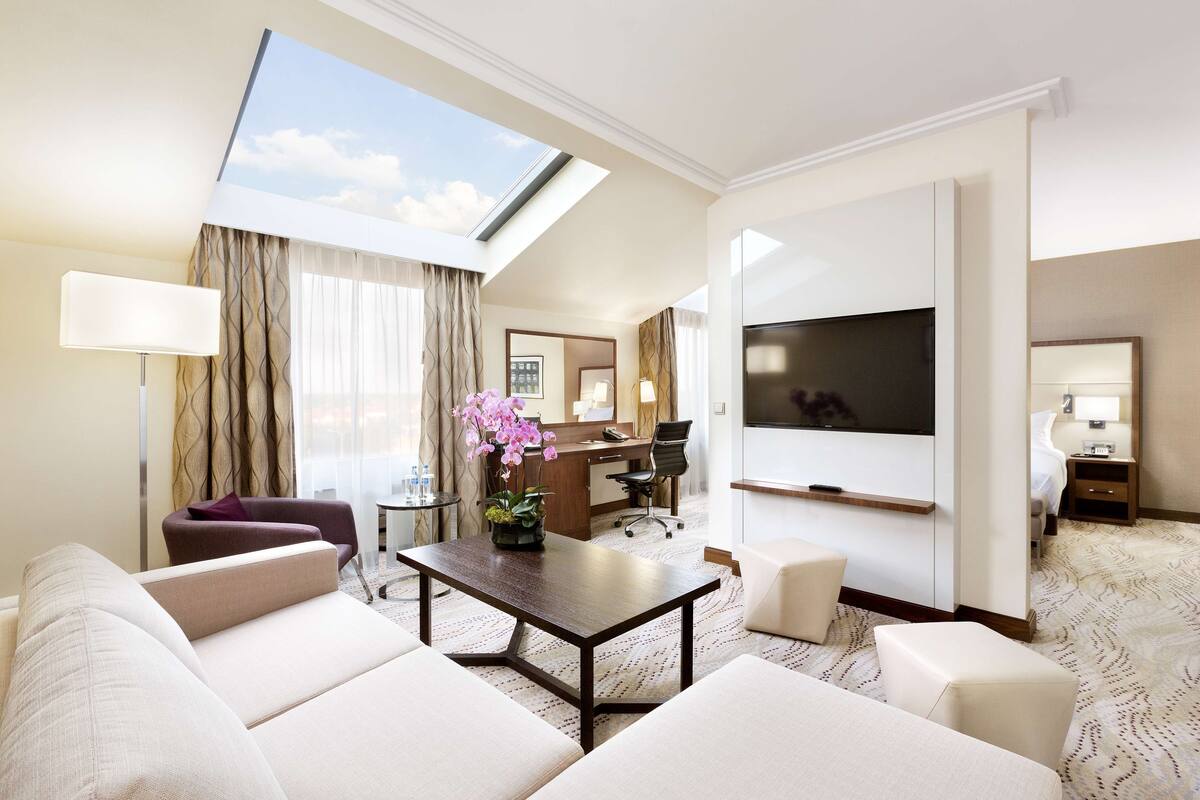 Quarto de hotel com uma cama grande, uma escrivaninha, uma televisão e um claraboia.