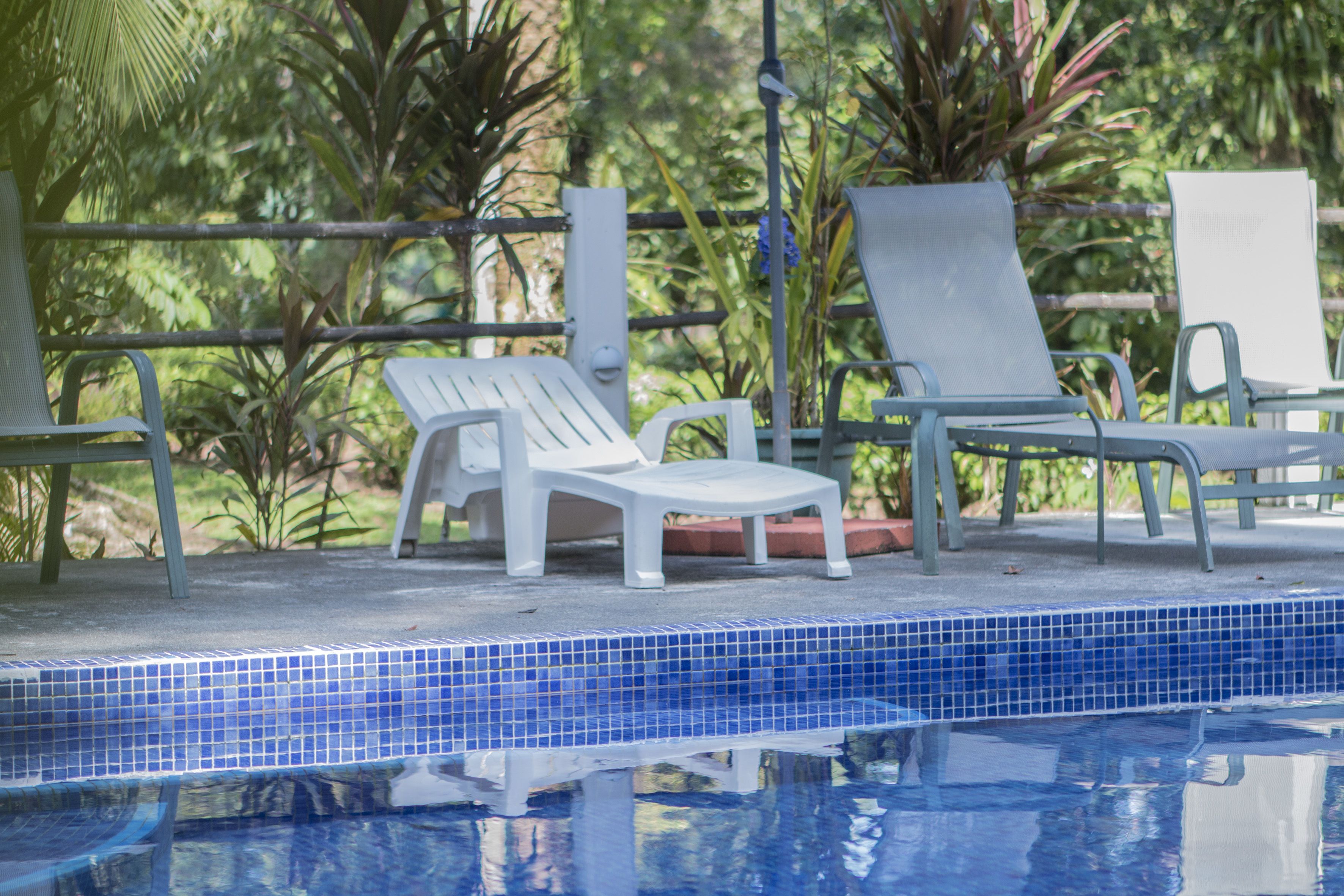 Uma área de piscina com espreguiçadeiras e borda revestida em azulejo.