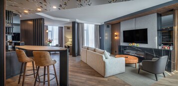 Suite Presidencial, 1 cama king-size | Roupa de alta qualidade, camas de colchão pillowtop, minibar 