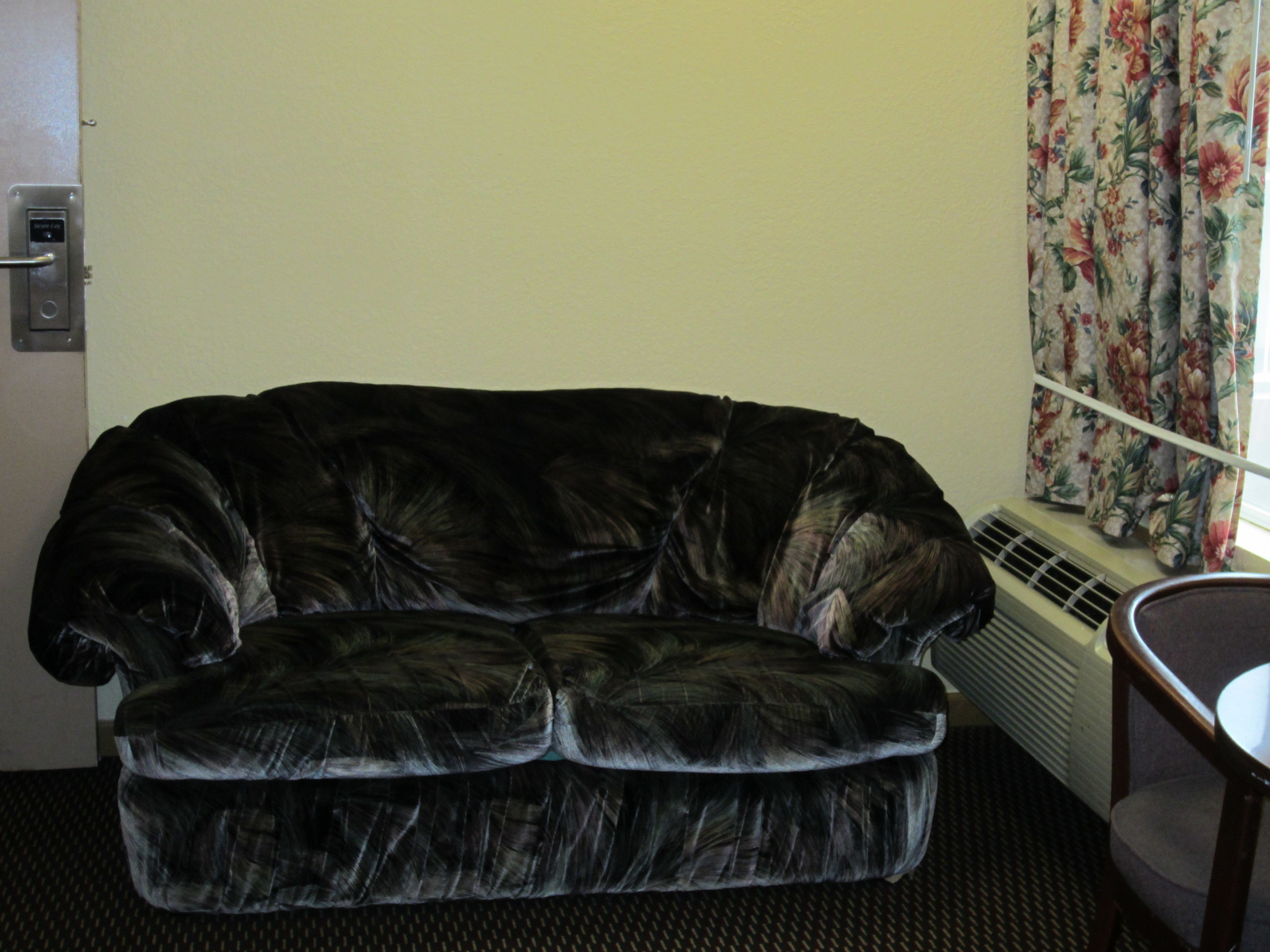 Um sofá de veludo escuro num canto do quarto, com uma porta, um radiador e uma cortina florida.