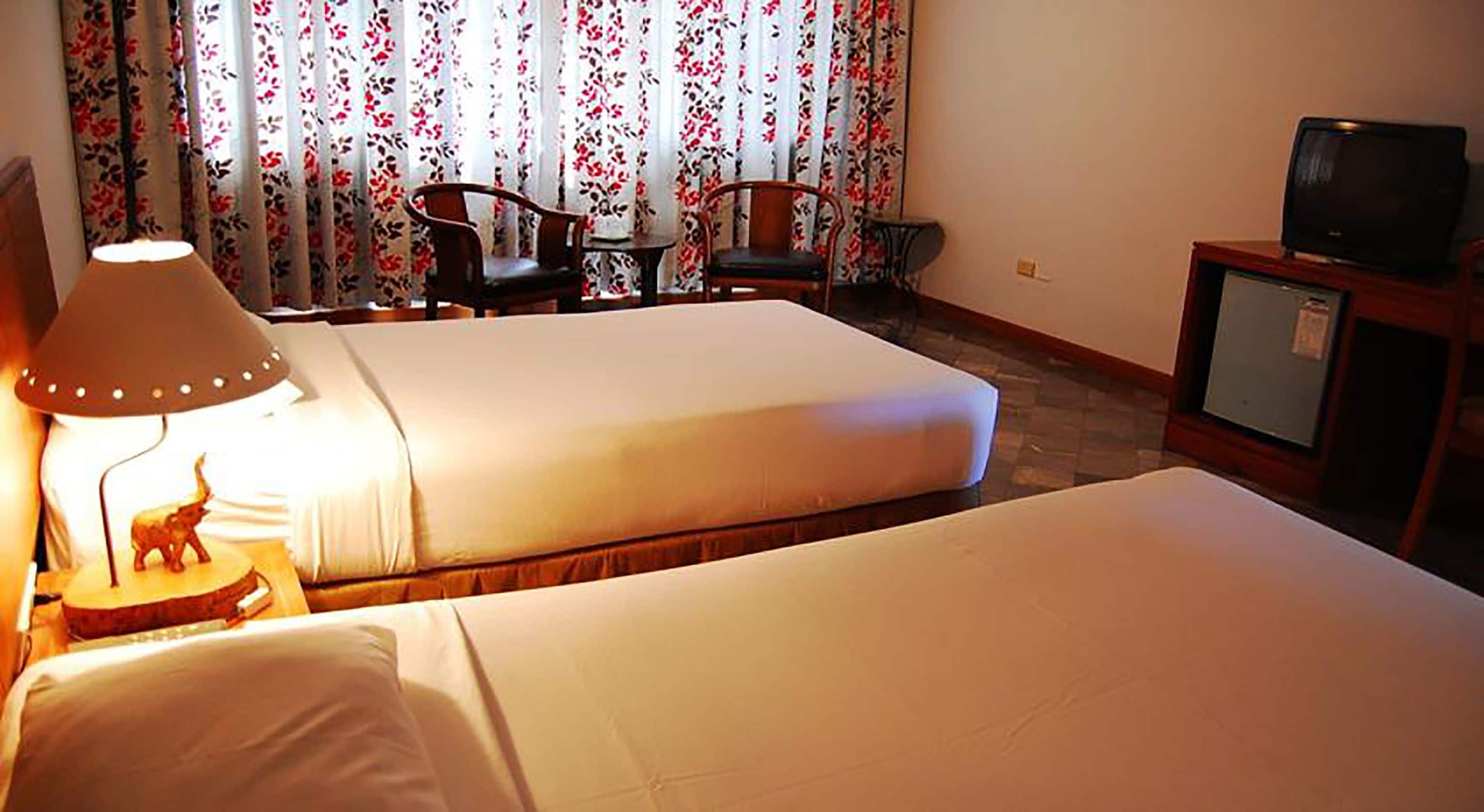 Quarto de hotel com duas camas, uma luminária, uma mesa pequena com um elefante decorativo e uma televisão em um armário.