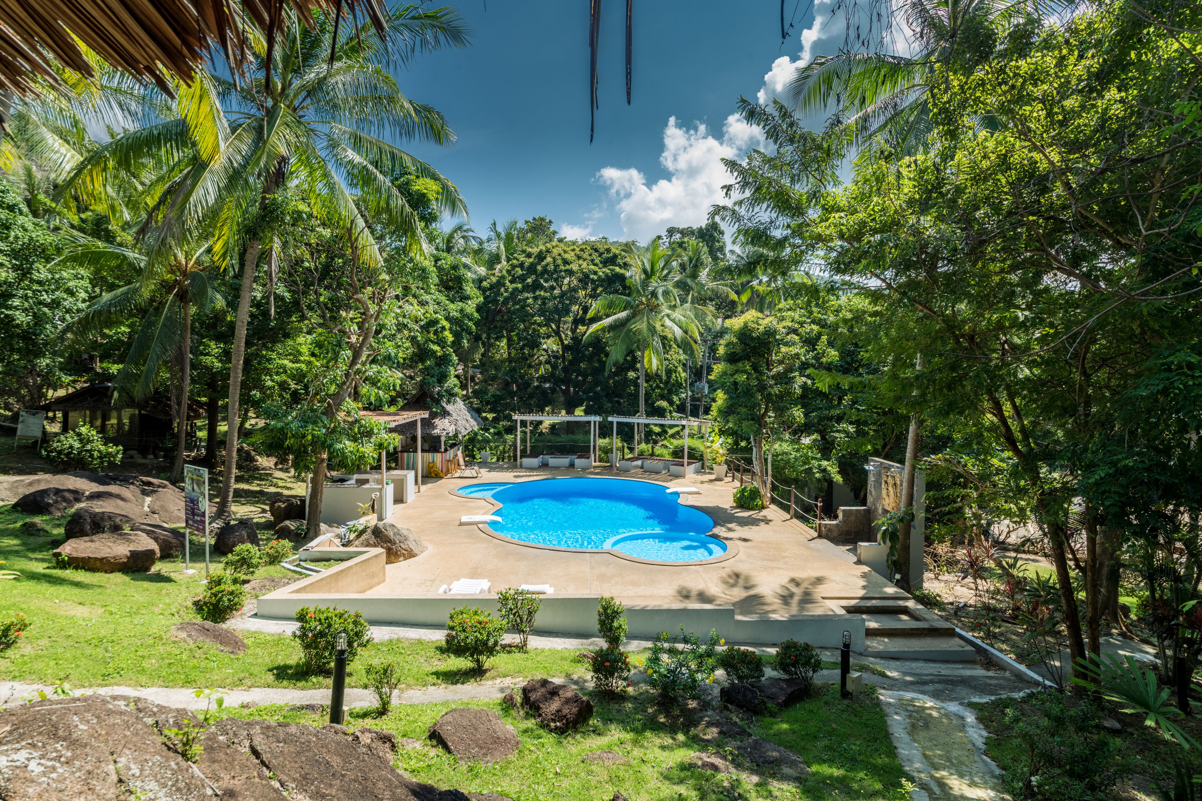 Piscina cercada por vegetação tropical e pedras.