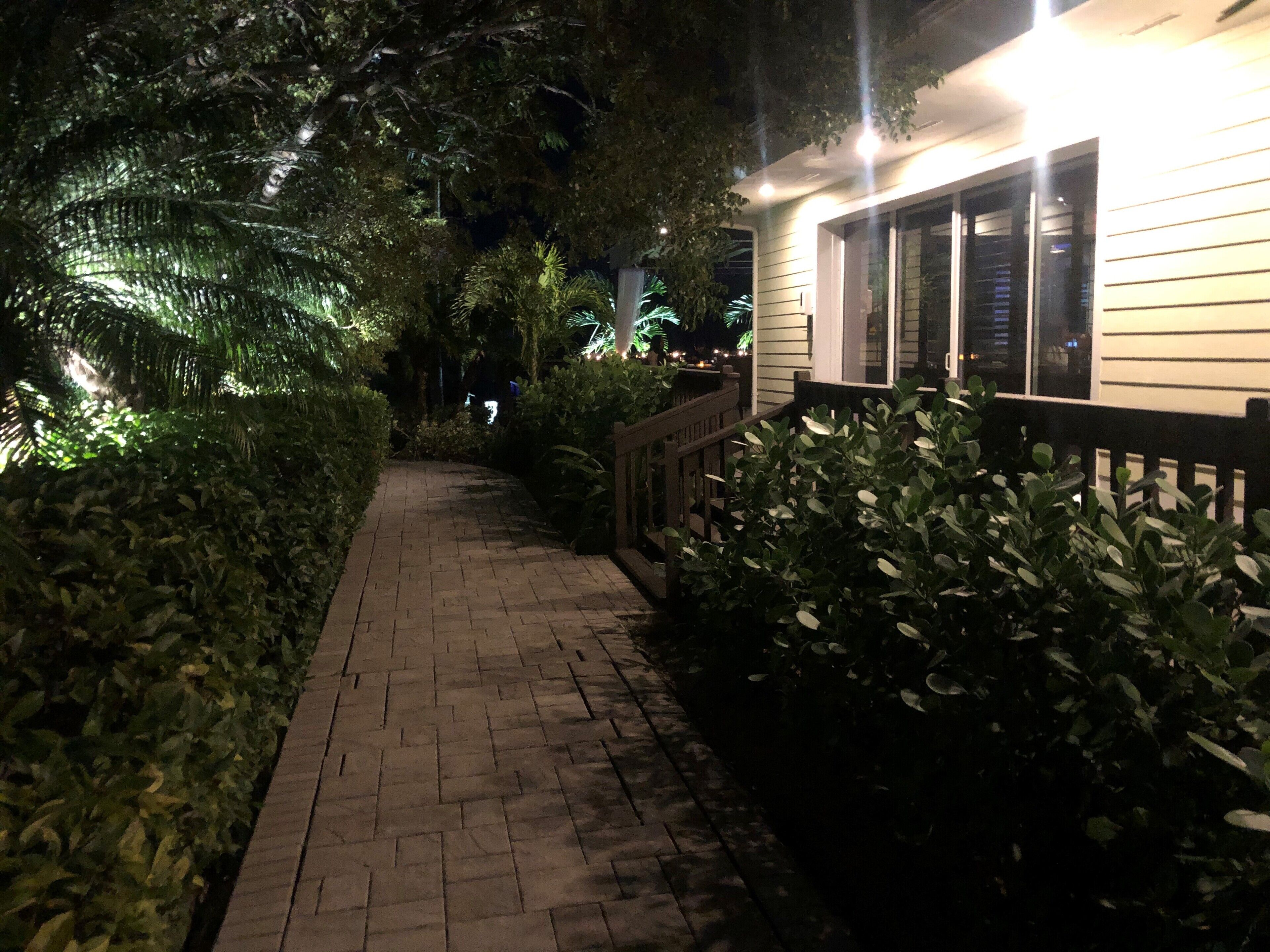Um caminho noturno ladeado por vegetação exuberante e um edifício com guarda-corpo de madeira.