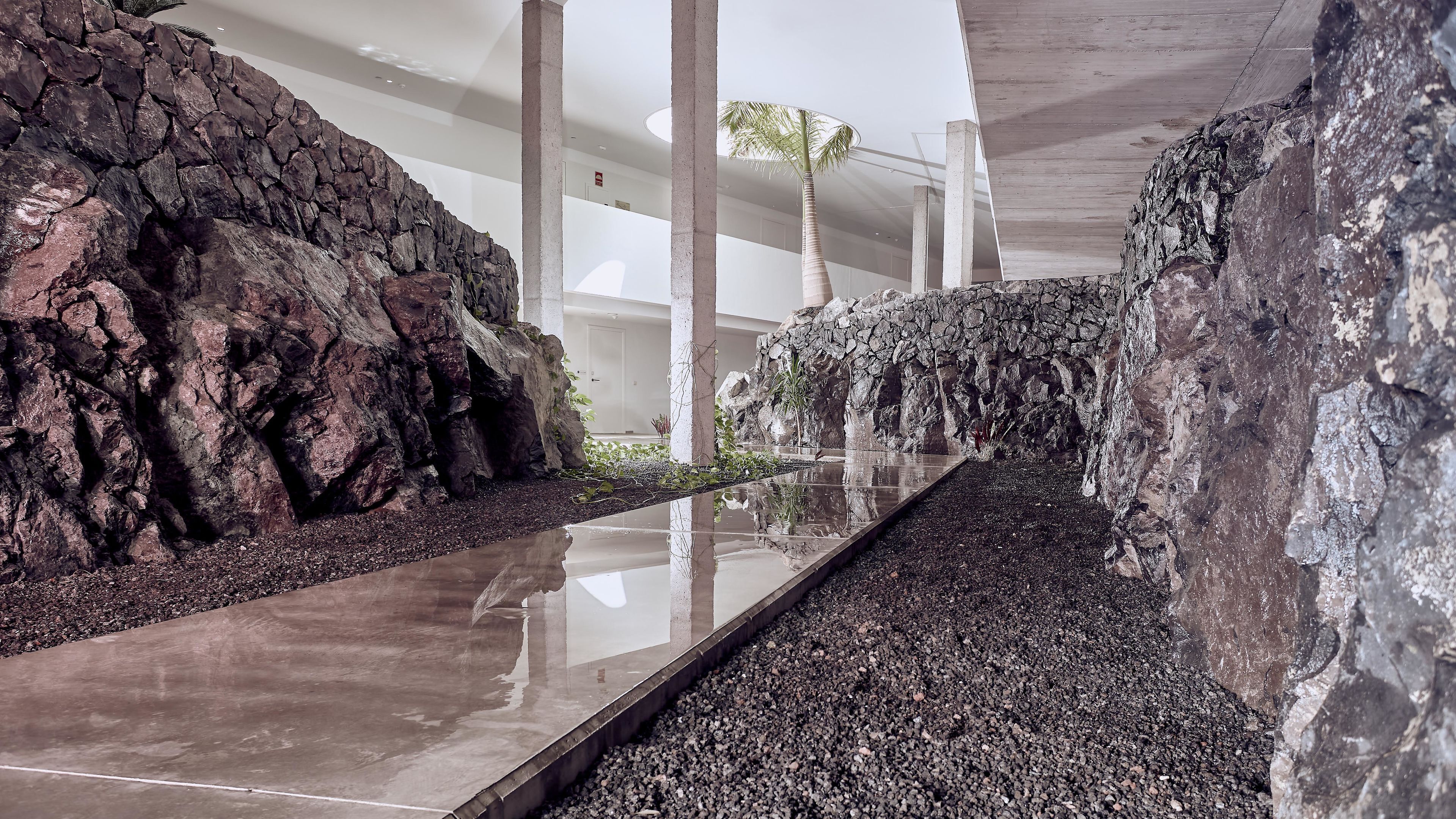 Um espaço interno moderno com um elemento de água refletora, paredes de pedra e uma palmeira.