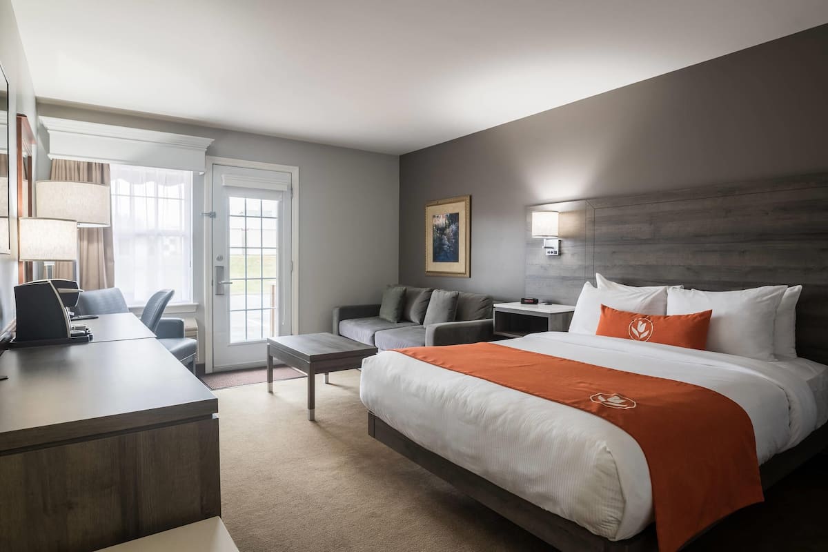 Quarto de hotel com uma cama grande, uma escrivaninha, uma cadeira, um sofá e uma porta que dá para uma varanda.