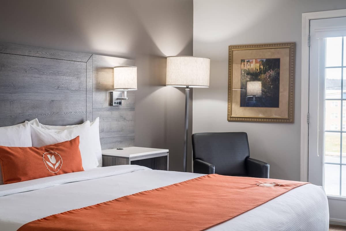 Quarto de hotel com cama, escrivaninha, cadeira, luminária e um quadro na parede.